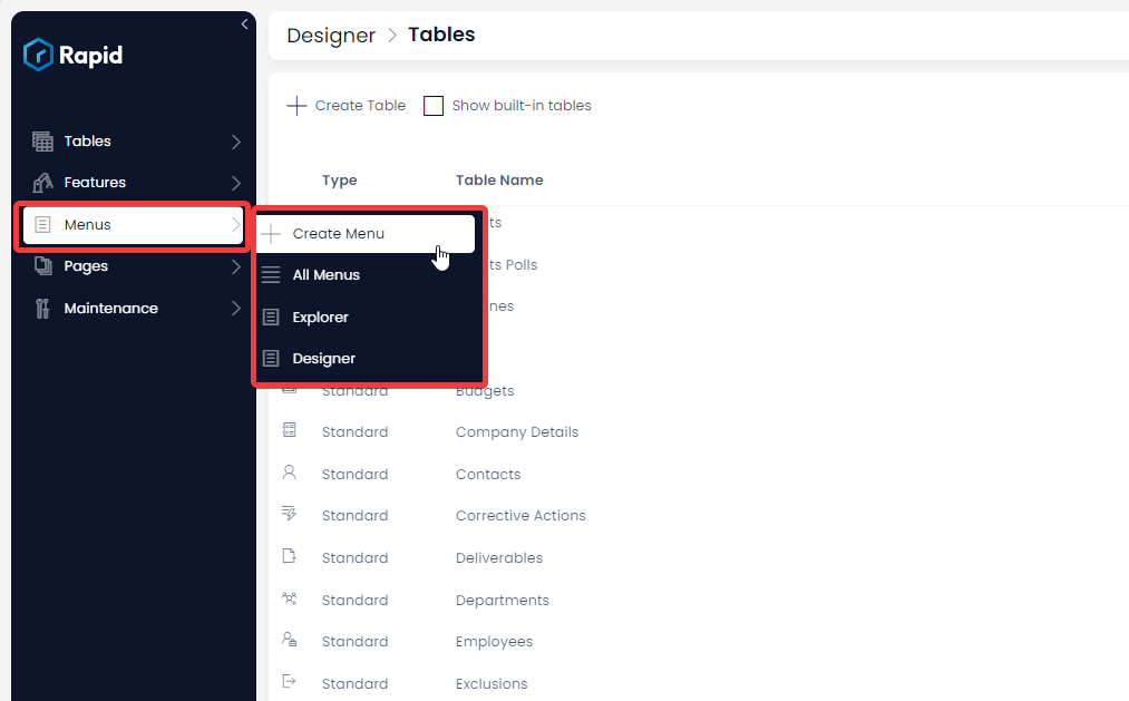 Menus | Rapid Platform Docs