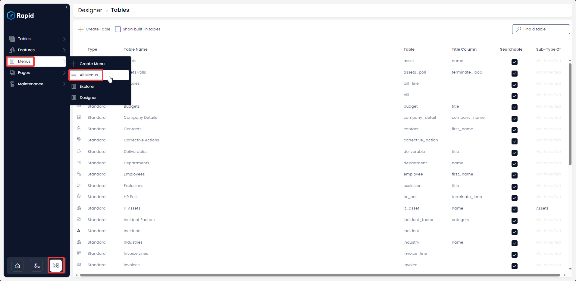 Accessing the list of all Menus | Rapid Platform Docs