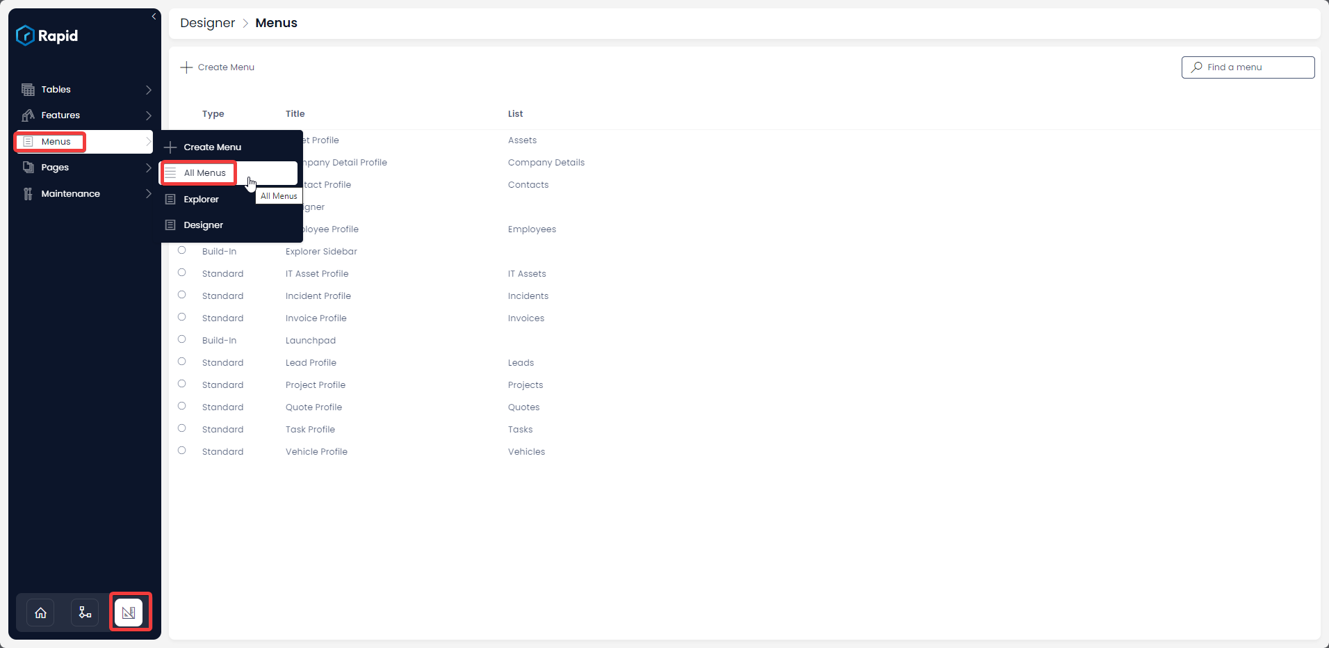 How to link a menu item to a table | Rapid Platform Docs