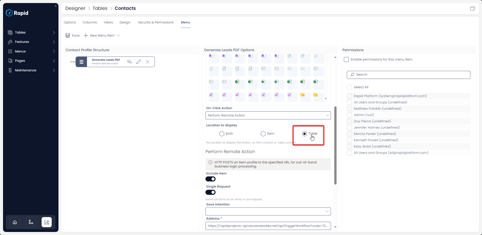 Location to Display | Rapid Platform Docs