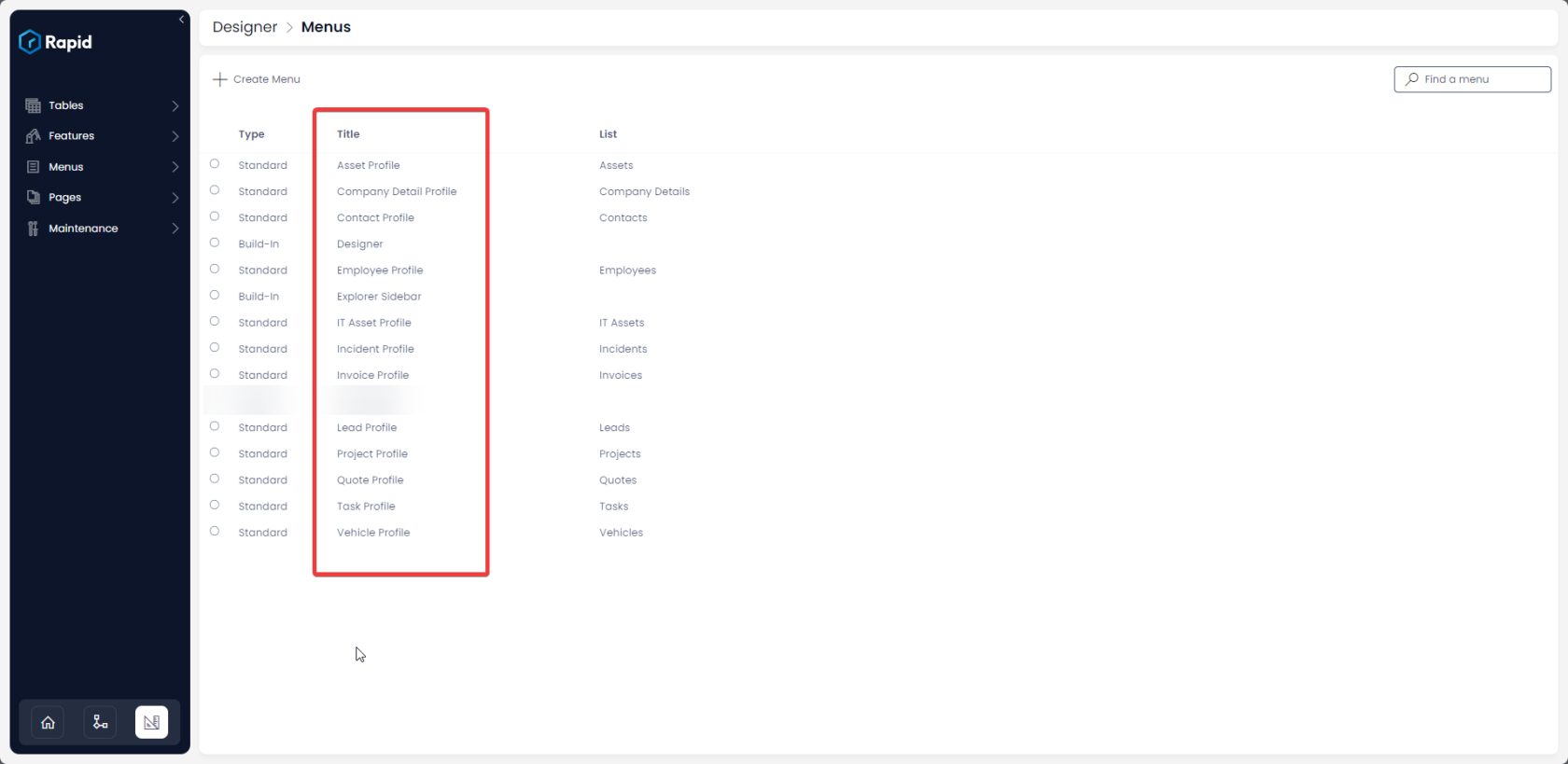 Accessing the list of all Menus | Rapid Platform Docs