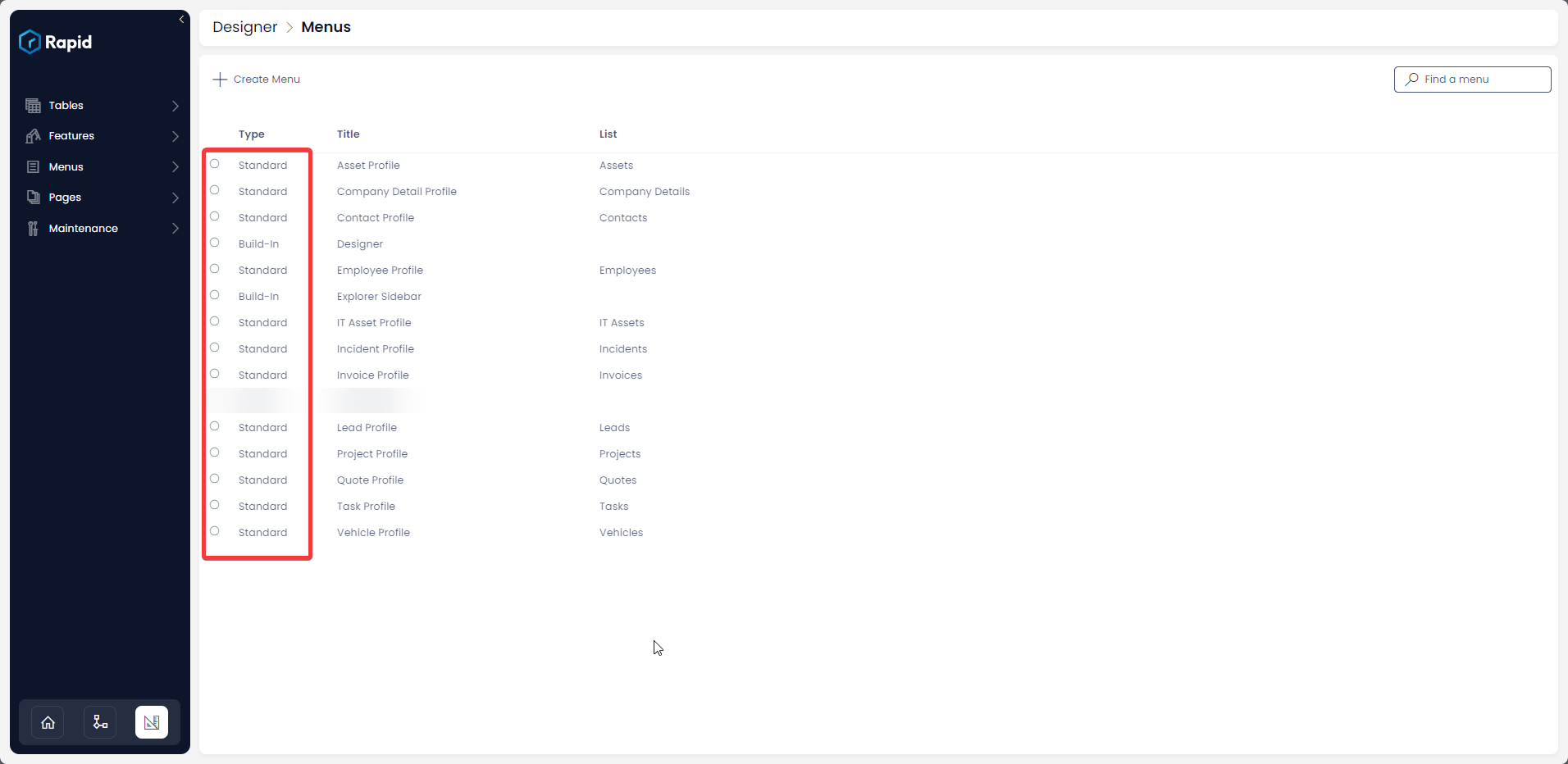 Accessing the list of all Menus | Rapid Platform Docs